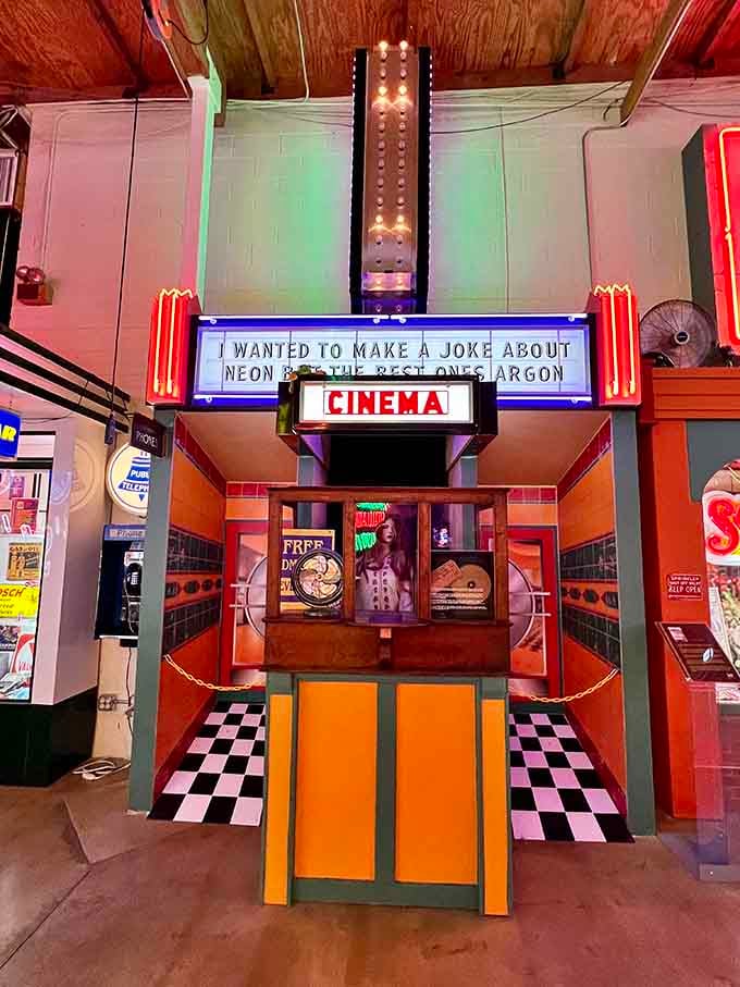 This retro cinema box office setup is so authentic you'll half expect someone to sell you tickets to a double feature for a quarter.