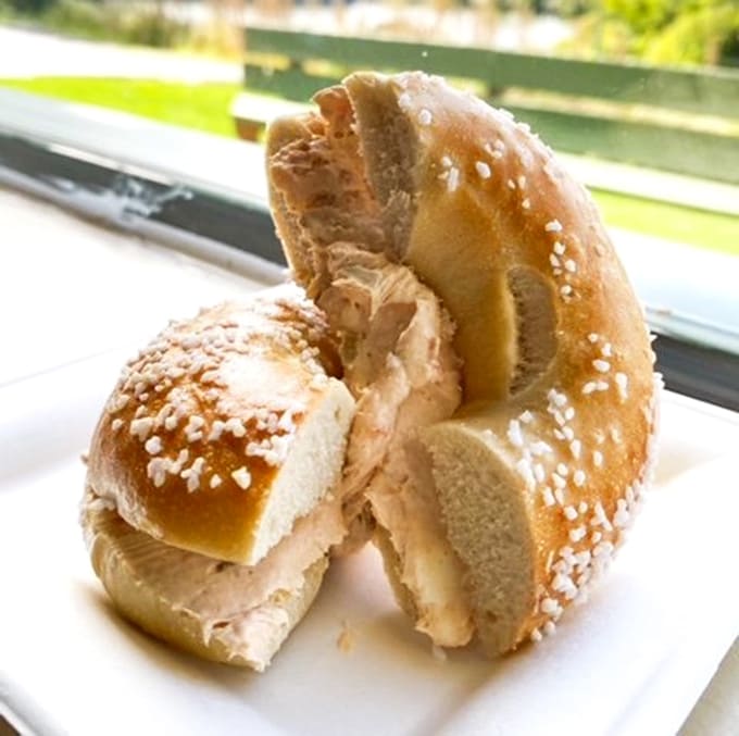 That salt bagel with salsa cream cheese brings unexpected Southwestern flair to your morning, like a fiesta in bread form.