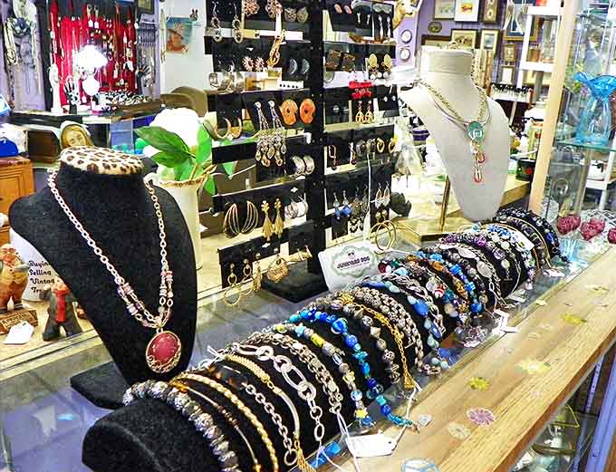 Jewelry displays showcase wearable history &ndash; from statement necklaces to delicate bracelets, each piece once adorned someone's special occasion.