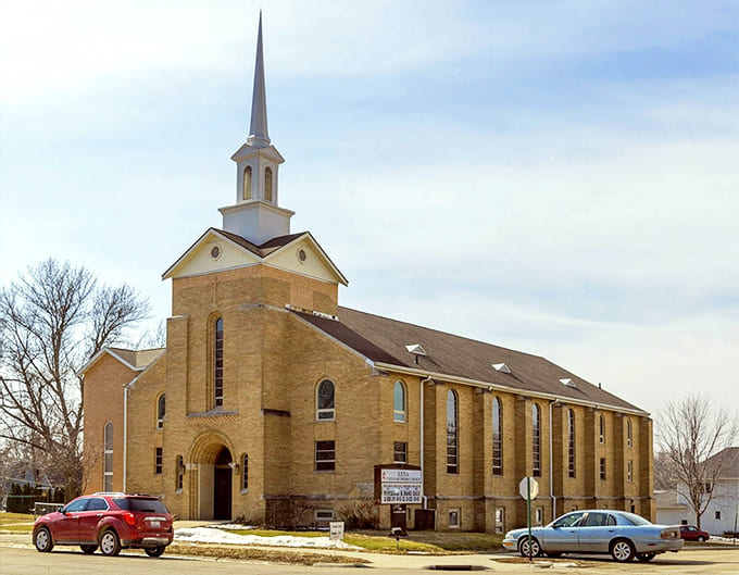 Lena United Methodist Church stands as a beautiful reminder that small-town architecture once aimed for grace, not just efficiency.