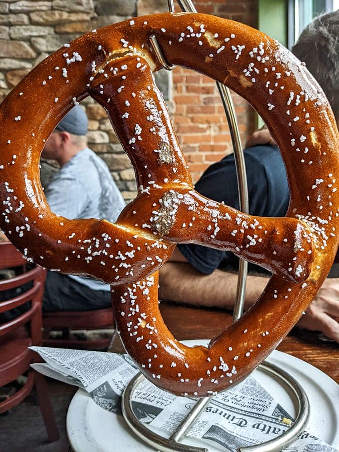 This giant pretzel could double as a flotation device, served warm and salty with just the right amount of that perfect golden-brown color.