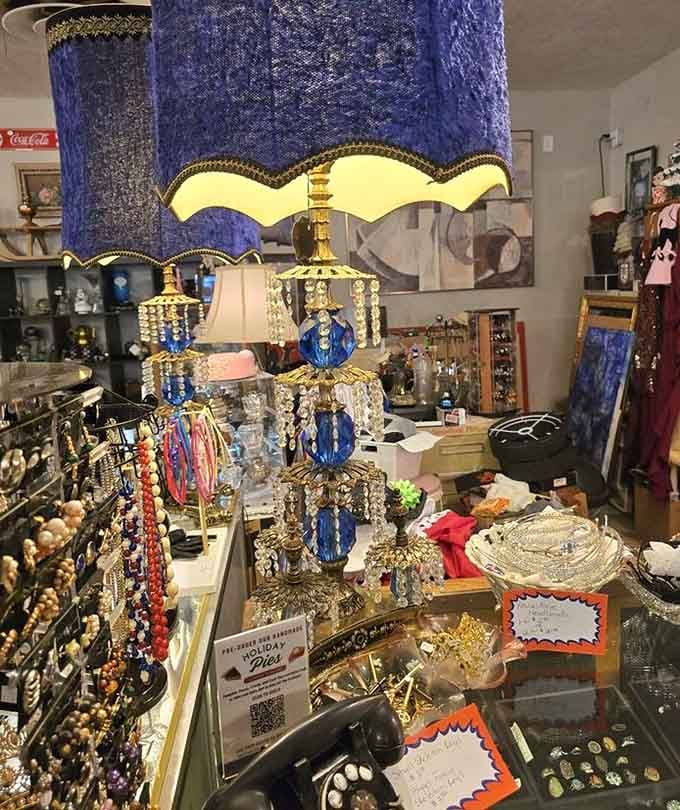 Ornate lamps and sparkling jewelry create a display that's part boutique, part time capsule, entirely irresistible to browsers.