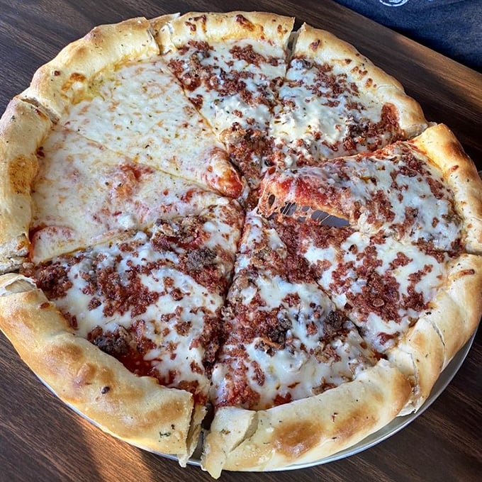 Meat lover's dream realized: The ground beef pizza with its perfectly browned crust might make you weep with joy.