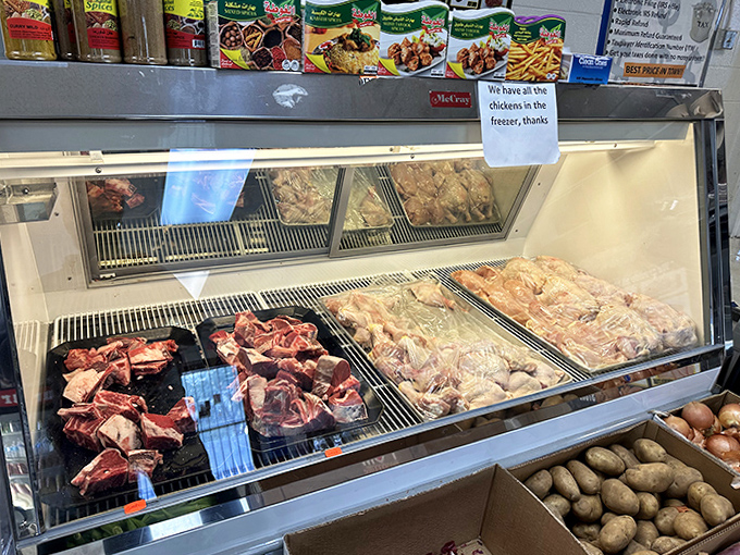Halal meat display showcasing cuts you won't find at regular supermarkets. From lamb to chicken, quality and tradition meet in the cooler.