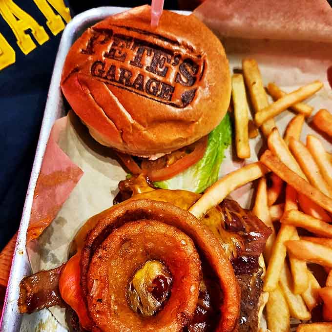 The burgers arrive branded with the Pete's Garage logo, a touch of showmanship that's backed up by serious flavor credentials.