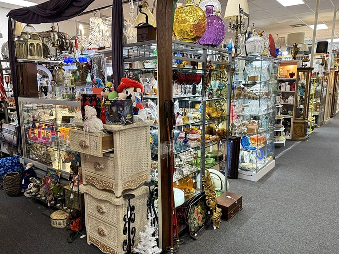 Glassware: Crystal kingdoms where light dances through vintage decanters and delicate stemware, each piece waiting for its next celebration.