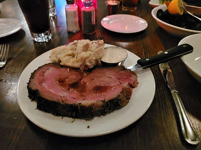 The prime rib dinner arrives like royalty &ndash; tender, flavorful beef alongside green beans that actually taste like vegetables should.