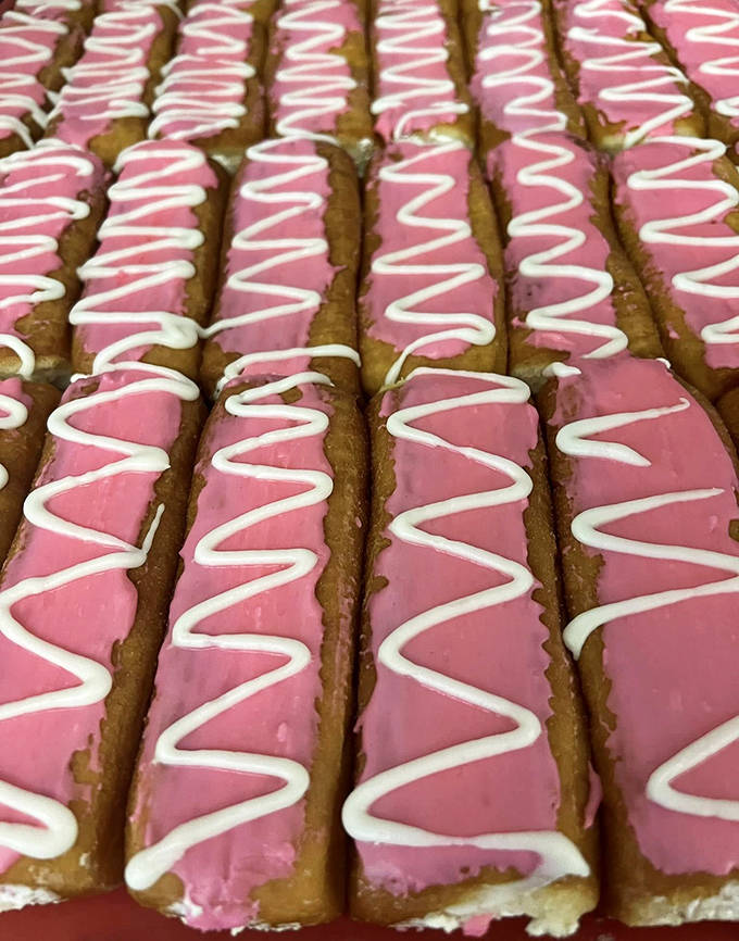 Pretty in pink! These frosted long johns with their playful white drizzle prove that sometimes the classics need no improvement.