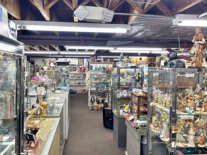 The interior reveals a treasure hunter's paradise, with glass cases protecting delicate collectibles from eager fingers.