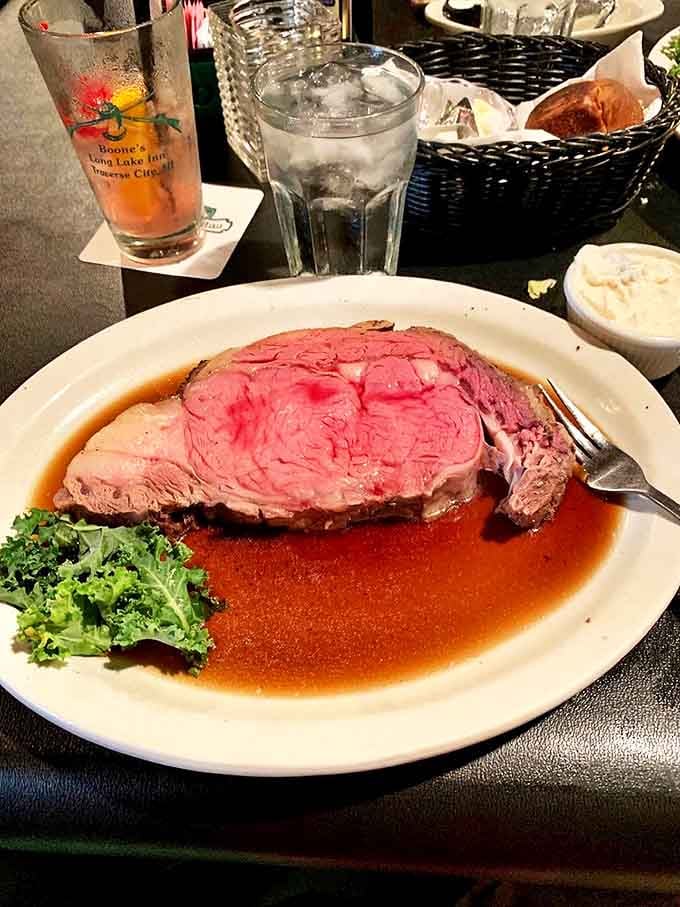 This glorious slab of beef, pink as a summer sunset, arrives swimming in savory au jus that you'll want to drink with a straw.
