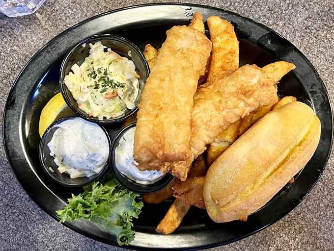 Golden, crispy fish and chips that look like they stepped straight out of a British seaside dream into downtown Mankato.