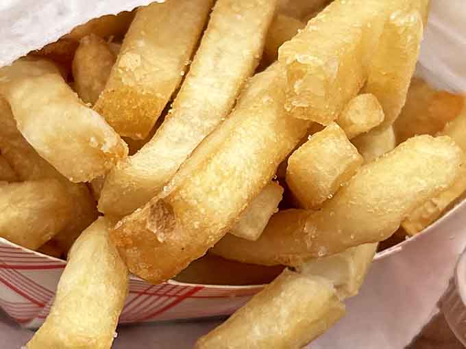Golden French fries emerge perfectly crispy and properly salted, disappearing faster than your willpower around good food ever could manage.