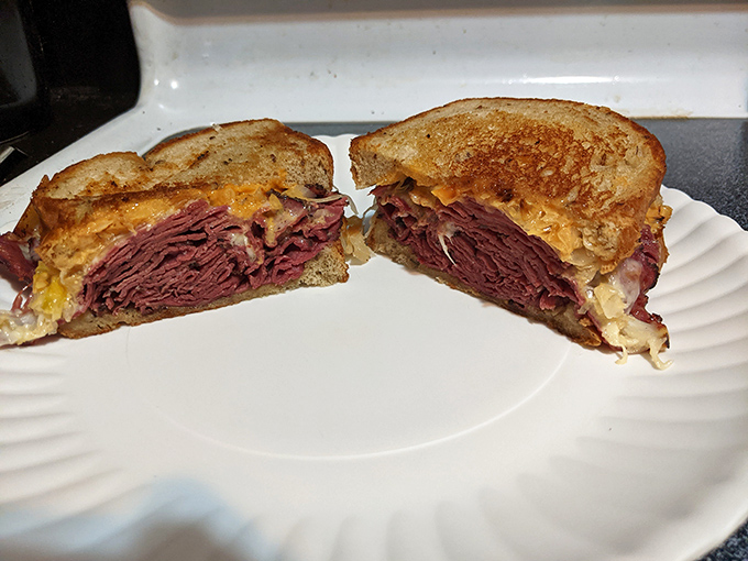 Behold the Reuben in all its grilled glory &ndash; corned beef and melted Swiss creating that perfect marriage of flavors.