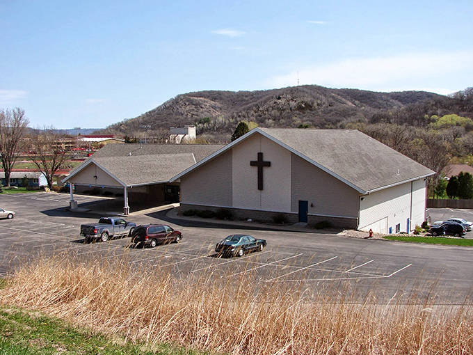 This charming church stands as a testament to Winona's architectural heritage, with bluffs rising majestically in the background.