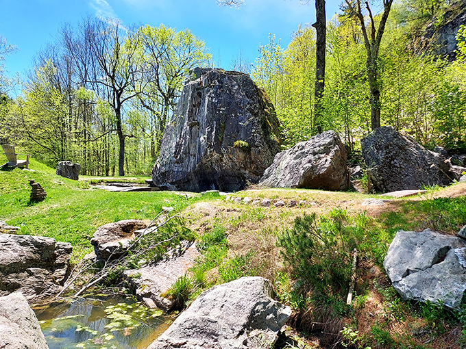 Ancient Vermont geology becomes living art &ndash; these weathered giants have waited millennia to play their starring role in this garden.