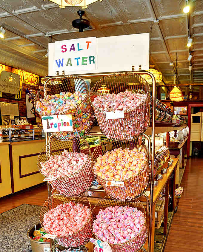 The salt water taffy display offers a spectrum of twisted possibilities &ndash; each piece wrapped like a tiny, chewy gift from the past.
