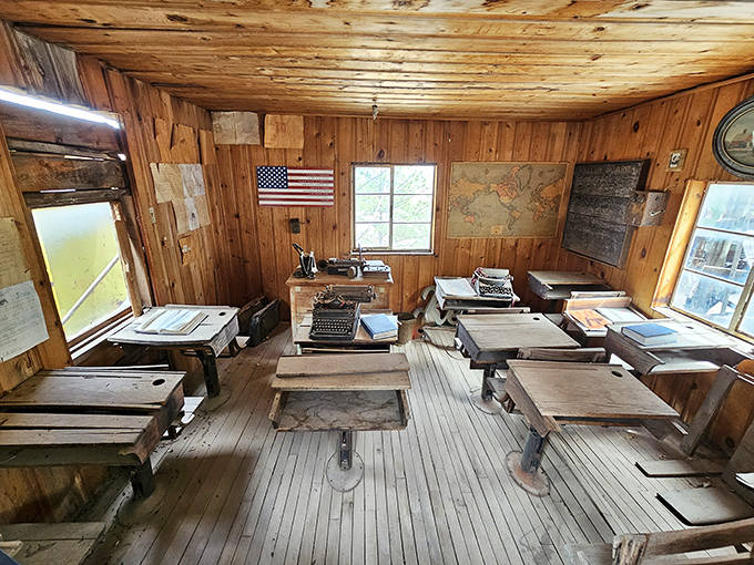 Step back in time inside the one-room schoolhouse, where antique desks and typewriters await young scholars of yesteryear.
