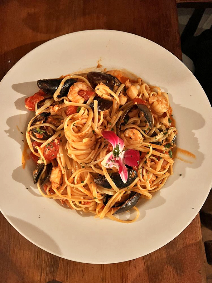 Seafood Fra Diablo brings coastal flavors to the mountains, with perfectly cooked shellfish swimming in a sauce worth sopping up with every bread crumb.