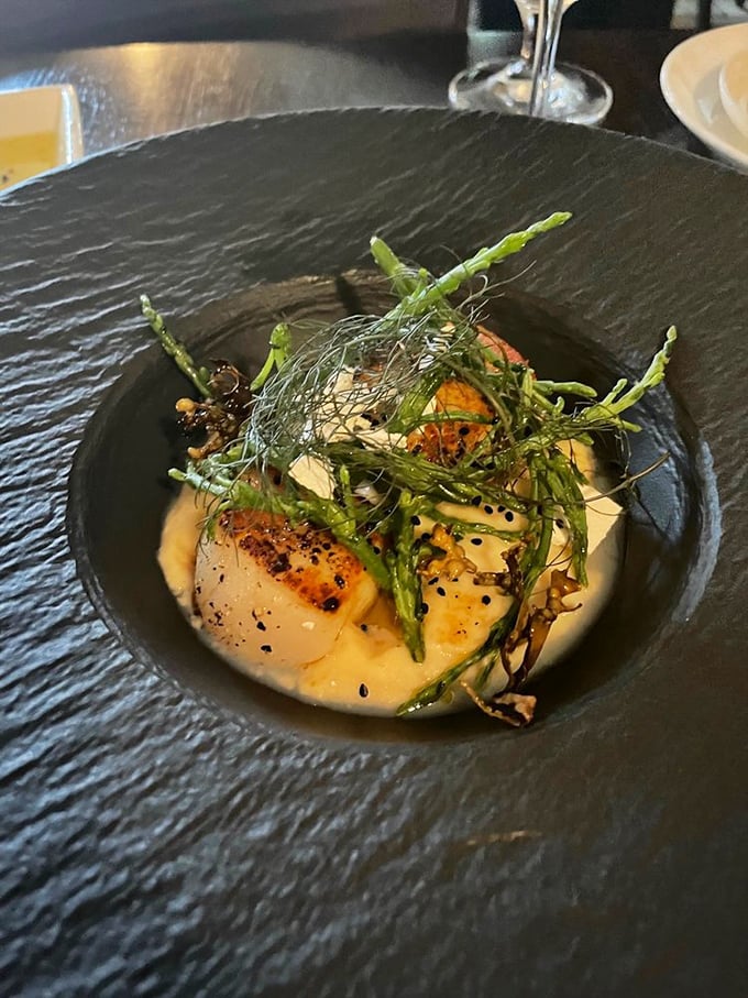 Perfectly caramelized scallops nestled in a creamy base with sea beans &ndash; like the ocean's finest treasures arranged on a canvas of flavor.