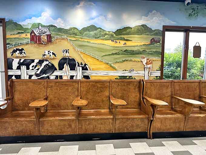 Wooden bench seating beneath pastoral murals creates the perfect backdrop for ice cream enjoyment &ndash; these seats have witnessed countless "brain freeze" moments.