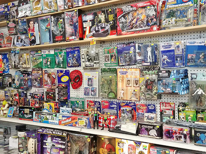 Action figures frozen in time stand at attention, their original packaging intact &ndash; a nostalgic paradise where childhood heroes wait patiently for collectors or the young-at-heart.