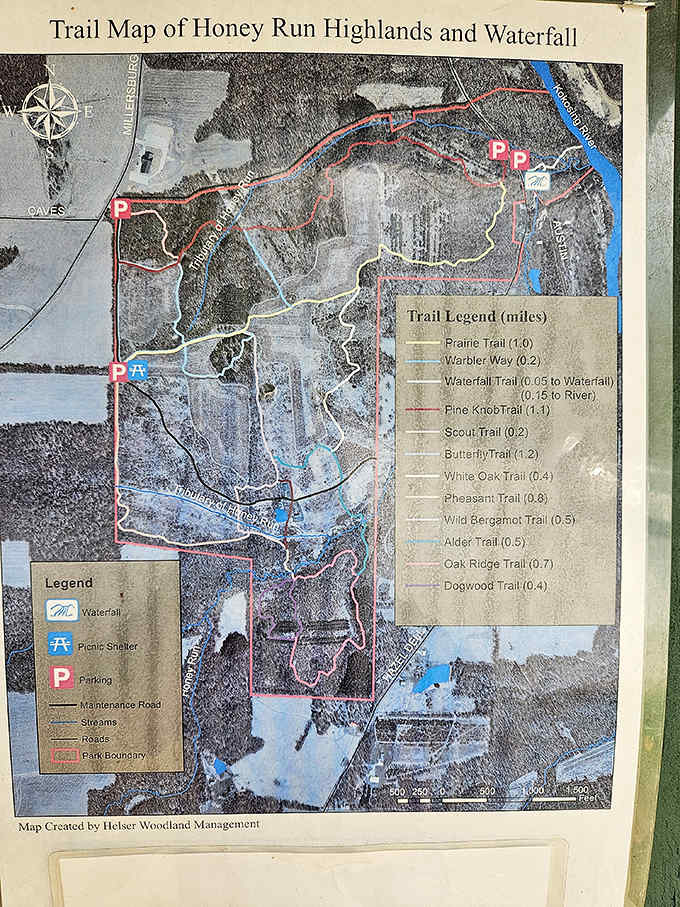 Adventure mapped out: This trail guide reveals Honey Run's network of paths, each promising its own unique encounter with Ohio's hidden natural treasures.