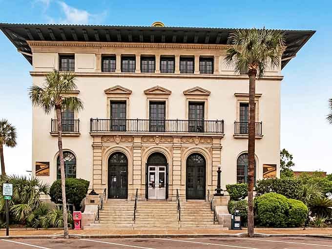 The United States Post Office building brings that classic institutional architecture that somehow manages to look dignified rather than depressing, flanked by palms like tropical sentries.