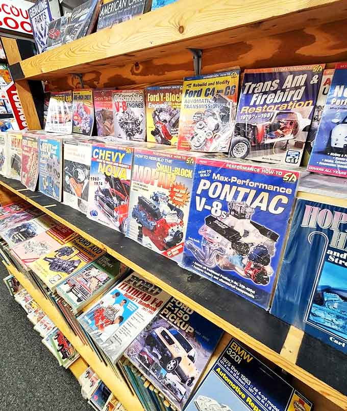 Grease monkeys and restoration enthusiasts find mechanical paradise in these rows of vintage car magazines, where forgotten automotive knowledge lives on.
