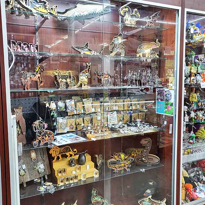 Metal animals frozen in mid-stride share shelf space with delicate glassware &ndash; at Wally's, the eclectic mix is part of the treasure-hunting charm.