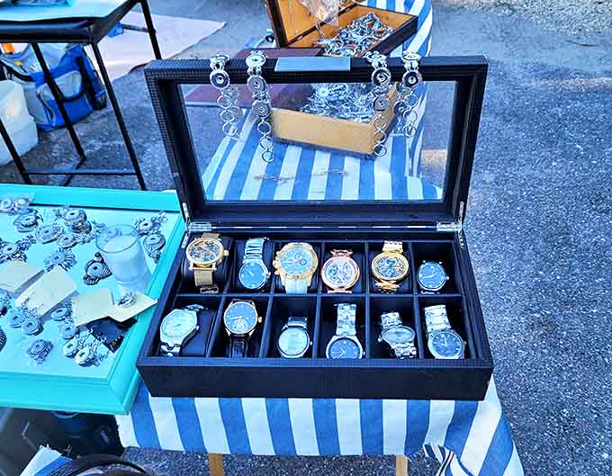 Time literally stands still at this watch display, where vintage timepieces wait for new wrists to accompany through life's next adventures.