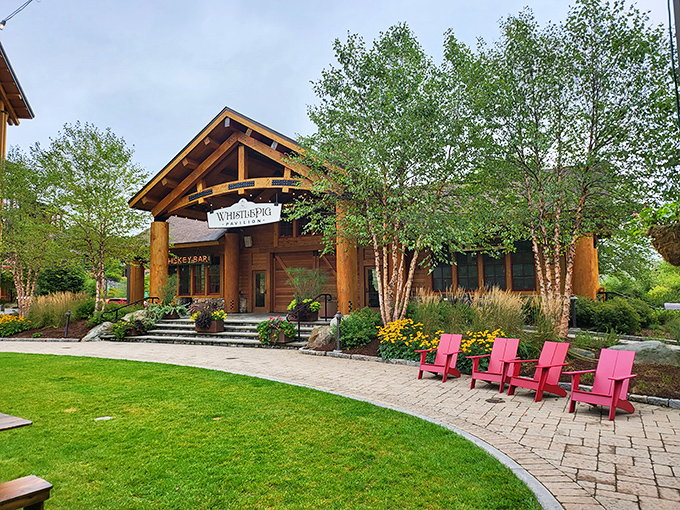 The Whistle Pig Pavilion welcomes visitors with rustic elegance and the promise of world-class whiskey tastings.