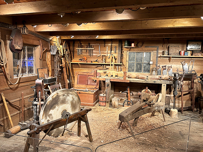 Step into the past through this meticulously preserved workshop, where tools hang ready as if the craftsman just stepped away for lunch.