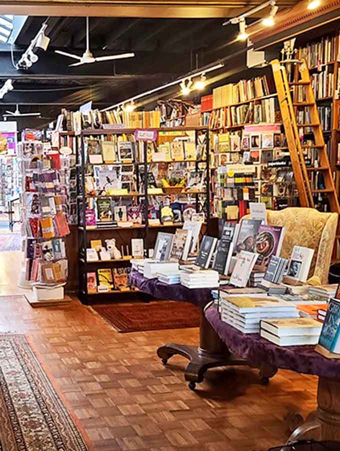 Vintage furniture and antique shelving add character to the space, creating an atmosphere where literary history feels tangibly present.