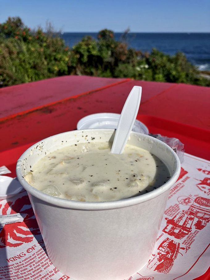 Creamy clam chowder in a simple cup becomes a transcendent experience when enjoyed with the soundtrack of crashing waves.
