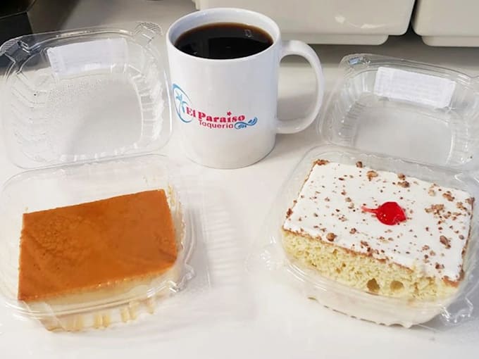 Sweet endings come in the form of creamy flan and tres leches cake, paired perfectly with a strong cup of coffee in El Paraiso's signature mug.