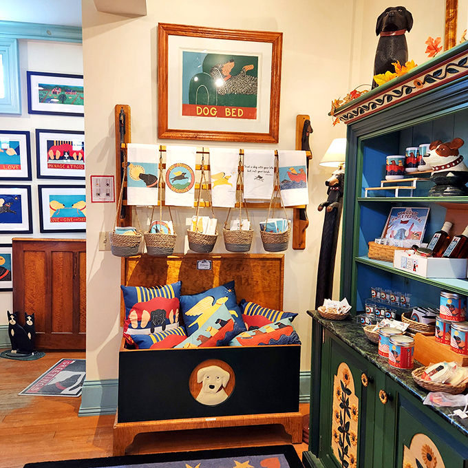 The gallery shop offers dog-themed treasures that capture canine charm, from whimsical pillows to artwork that celebrates the joy of four-legged companionship.