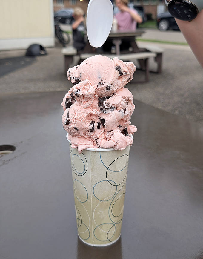 The pink paradise of Raspberry Chocolate Chunk &ndash; where fruity sweetness meets dark chocolate in a dance of flavor that defies gravity.