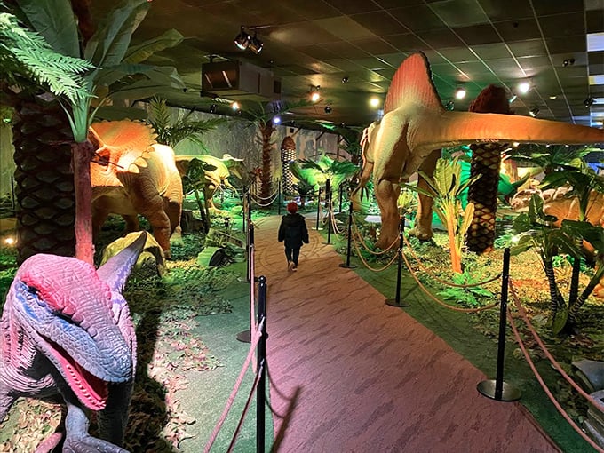The museum's main hall creates a prehistoric journey where visitors walk among giants from Earth's distant past.