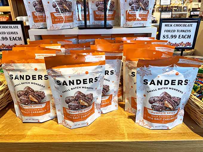 Sanders' milk chocolate caramels lined up like soldiers in a delicious army, ready to wage war on your willpower &ndash; resistance is futile.