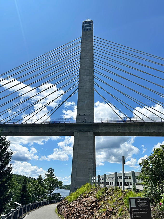 Sunlight plays across the bridge's supporting cables, creating a geometric dance of light and shadow against the backdrop of Maine's endless sky. 