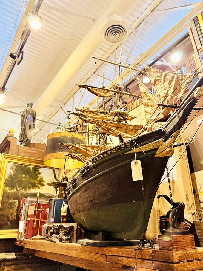 A meticulously crafted model ship sails through literary seas, one of many unexpected treasures punctuating the book-filled landscape.