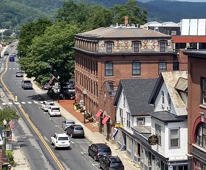 Overlooking the downtown from a nearby hill shows how the village nestles perfectly into the natural landscape.