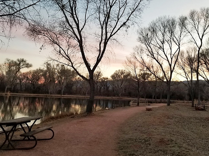 Twilight transforms the park's walking path into a meditation in purple and gold, where day's end brings a special magic to the landscape.