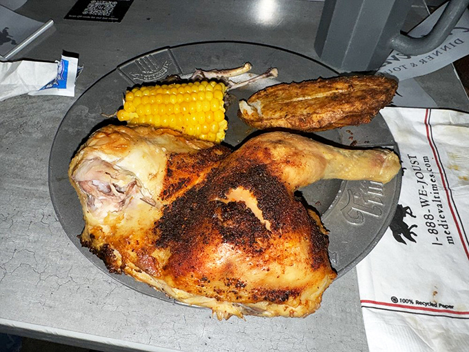 The main event: roasted chicken with corn and potato. No utensils necessary &ndash; medieval dining gives you permission to embrace your inner barbarian.