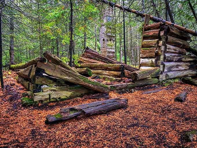 Time stands still at these weathered cabin ruins, slowly returning to the earth as nature reclaims what was once hers.