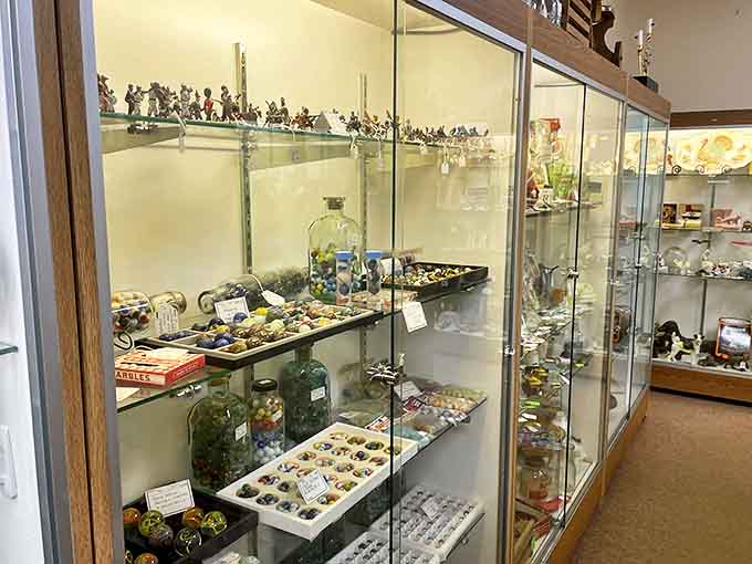 A vintage Miller's Ice Cream sign hangs above Native American artwork, showcasing the eclectic Americana that defines this treasure-hunting paradise.