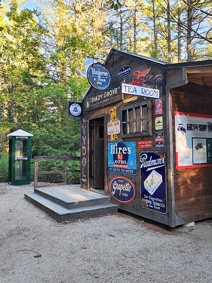 The vintage-inspired Tea Room, plastered with nostalgic advertisements, offers a shady respite and a trip back to simpler tourism times.