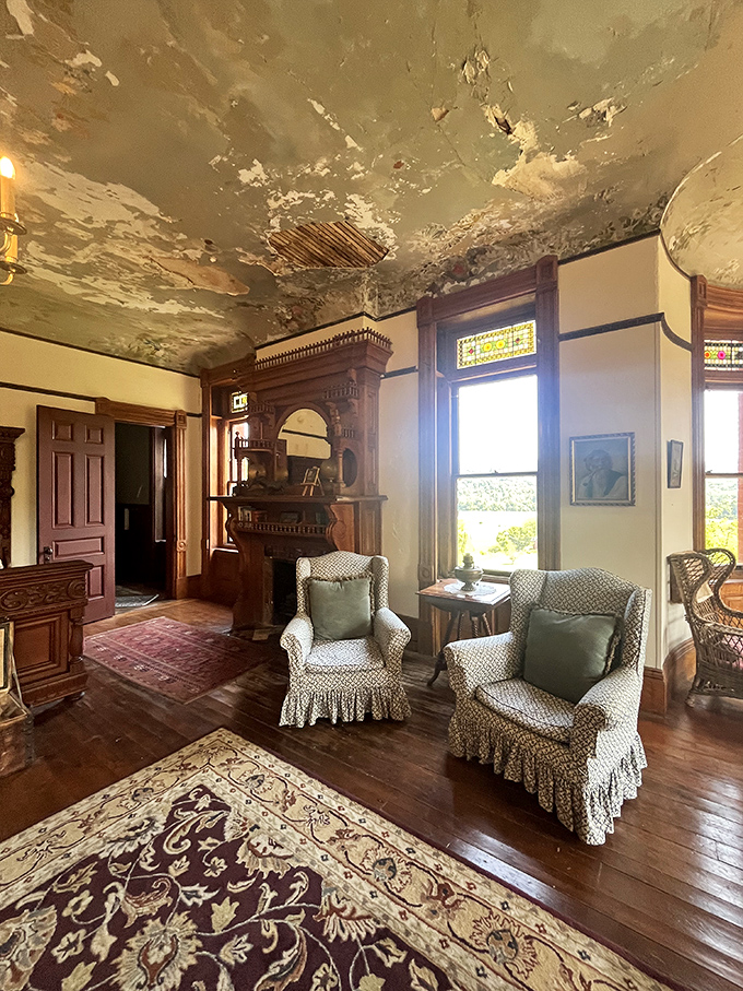 The ornate ceiling work in this sitting room shows what happens when Victorian decorators decide that blank surfaces are basically crimes against beauty.