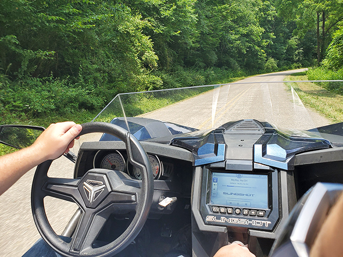 The driver's perspective from a Polaris Slingshot: where every curve in the trail feels like you're piloting a spacecraft through Ohio's wilderness.