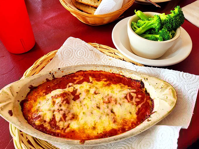 A side of bright green broccoli provides the perfect counterpoint to that magnificent parmesan. Even vegetables taste better in good company!